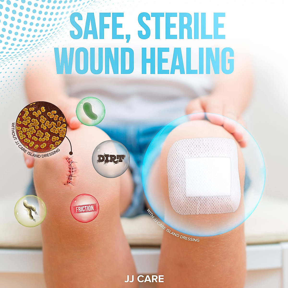 JJ CARE Adhesive Island Dressing [Pack of 50], 4x4 Sterile Bordered Gauze Dressing, Breathable, Individually Wrapped Island Wound Bandages with Highly Absorbent Non-Stick Center Pad