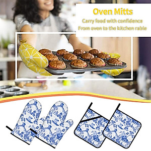 Blue Chinoiserie Pagoda White Oven Mitts and Pot Holders Set of 4, Oven Mittens and Potholders Heat Resistant Gloves for Kitchen Cooking Baking Grilling BBQ