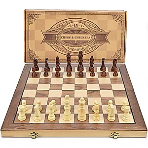 AMEROUS 15'' Magnetic Wooden Chess & Checkers Game Set -2 Extra Queens -24 Cherkers Pieces - Chessmen Storage Slots, Beginner Chess Set for Kids and Adults, Classic 2 in 1 Board Games