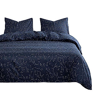 Wake In Cloud - Constellation Duvet Cover Set, Navy Blue with White Astronomy Galaxy Space Stars, Soft Microfiber Bedding (3pcs, Queen Size)