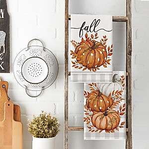 Artoid Mode Orange Buffalo Plaid Leaves Pumpkin Fall Kitchen Towels Dish Towels, 18x26 Inch Farmhouse Decoration Hand Towels Set of 2