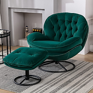 Swivel Accent Chair with Ottoman Set, Modern Velvet Lounge Chair with Metal Base Frame Footrest Comfy Armchair TV Chairs Reading Chair for Reading, Living Room, Bedroom - Green