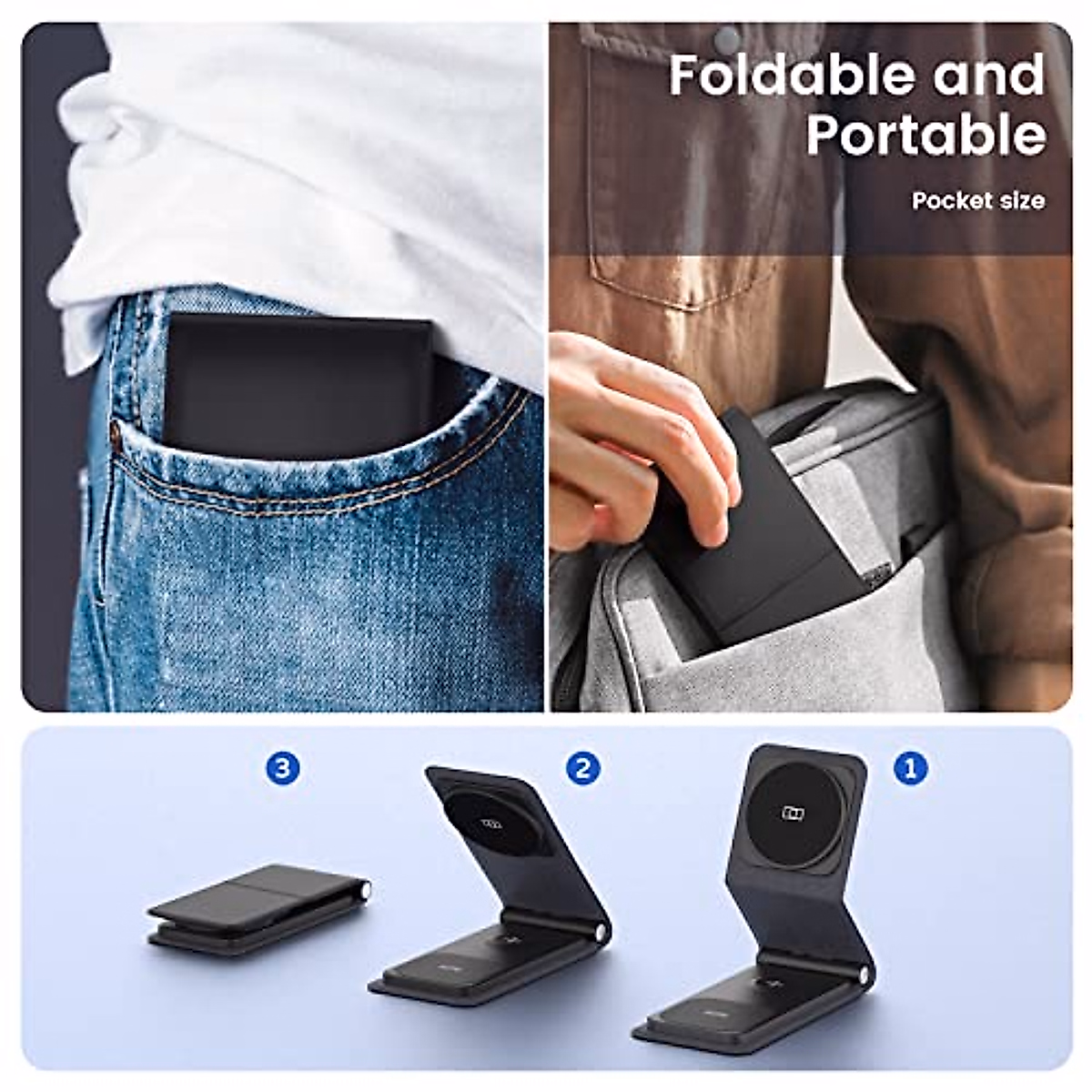 Hasbagan 3 in 1 Charging Station, Magnetic Foldable Charger, Travel Charging pad for iPhone 14 13 12 Pro Max & Apple Watch - Charging Stand Dock for AirPods (Black)