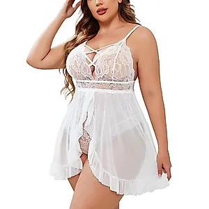 Avidlove Women Plus Size Lingerie Snap Crotch Babydoll Sexy Curvy Strappy Ruffle Lace Chemise(White,L)