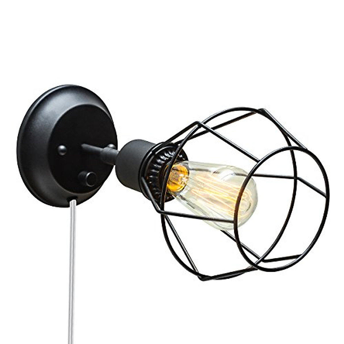 Globe Electric 65291 1-Light Plug-in or Hardwire Industrial Cage Wall Sconce, Matte Black Finish, On/Off Rotary Switch, 6ft Clear Cord, Wall Lights for Bedroom Plug in, Kitchen Sconces Wall Lighting