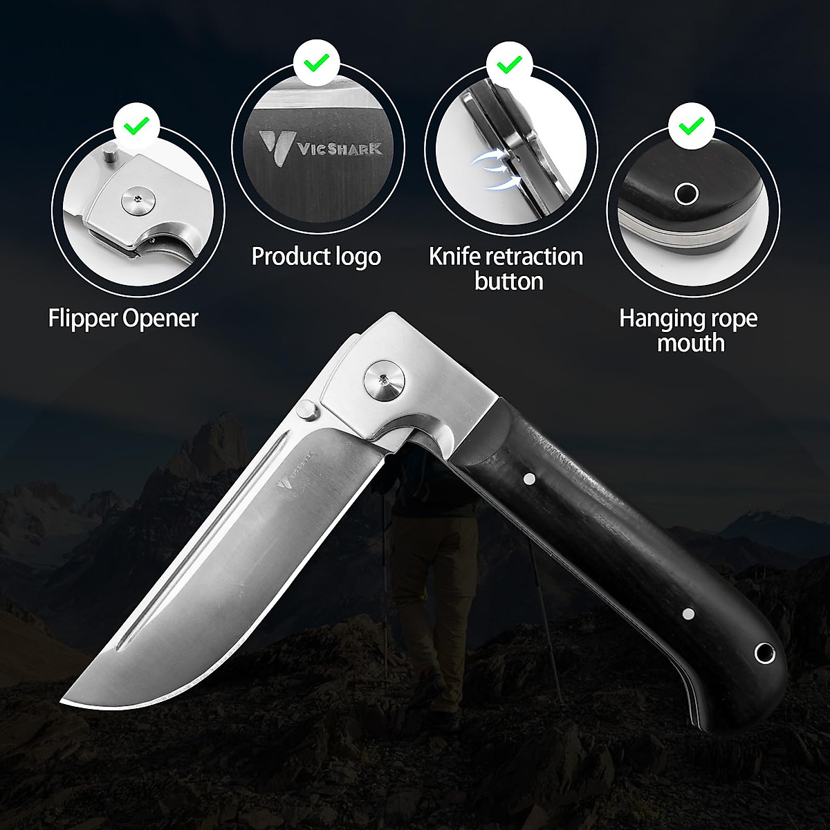 VicShark Pocket Knife, Hunting knives knives for men D2 Steel Blade Ebony Handle EDC Knife with Pocket Sharp Camping Survival Hiking Knives With Keychain