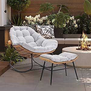 Apepro Wicker Rocking Chair with Footstool,Patio Rocking Chairs with Thickened Cushions,Outdoor Rocking Chair Glider Rocking Chair,Light Grey