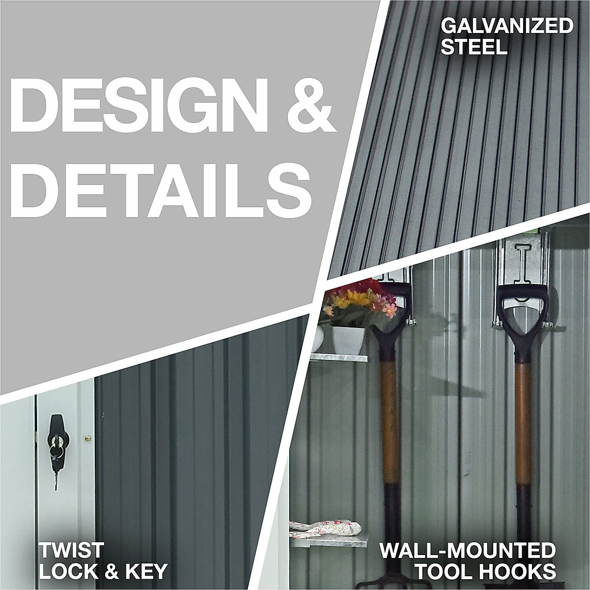Hanover Galvanized Steel Single Door Patio Storage Shed for Garden Tools with Twist Lock and Key Security, 2 Tool Hooks (3'x3'x6') Dark Gray, White Rust Resistant Outdoor Storage for Yard Supplies