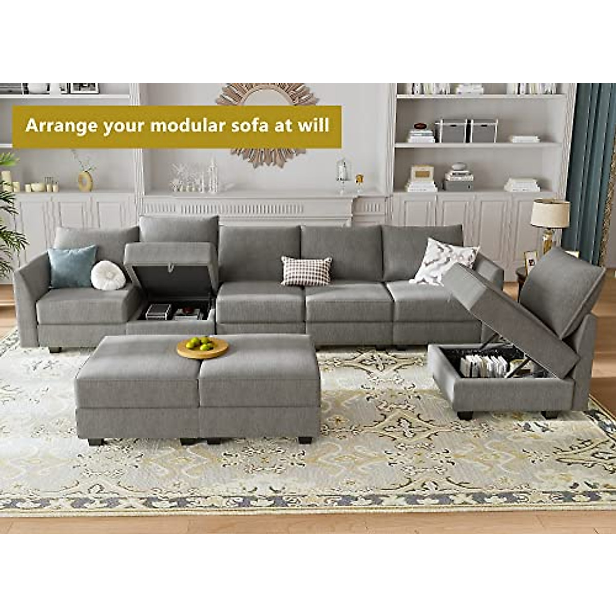 HONBAY Modular Sectional Sofa Bed with Ottomans U Shape Modular Couch Sectional Sleeper Modular Sofa with Storage Seats, Grey