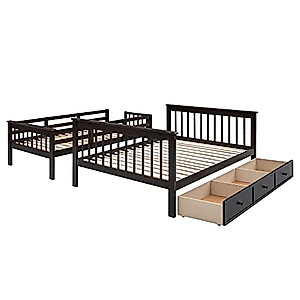 MERITLINE Twin Over Full Bunk Bed with Stairs, Wood Bunk Bed Frame with Storage Drawers and Shelves, No Box Spring Needed (Espresso)