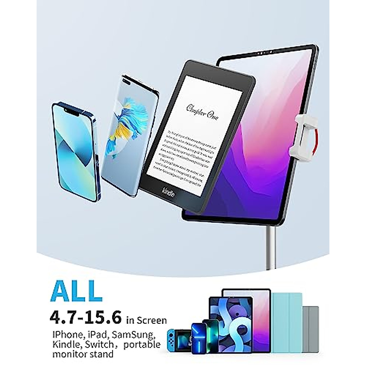 SAIJI Tablet Stand Holder, Height Adjustable Portable Monitor Stand, 360 Degree Rotating, Aluminum Alloy Cradle Mount Dock for 4.7"-15.6" Screen iPhone Samsung, iPad, Kindle, eBook Reader (Silver)