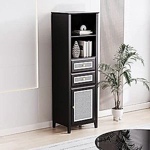 OPTOUGH Boho Style Slim Tall Storage Narrow Bathroom Corner Rattan Door Mid Century Modern Tower Freestanding Cabinet Organizer with Metal Handles for Kitchen, Living Room, Bedroom, Black