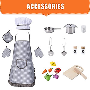 Kids Kitchen Playset, Wooden Chef Pretend Play Set with 20 PCS Cookware Accessories, Wooden Cookware Pretend with Ice Maker, Microwave, Oven, Range Hood, Sink, Real Lights & Sounds，Gray