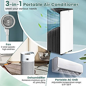 COSTWAY 8000 BTU Portable Air Conditioner, 3-in-1 AC Unit with Dehumidifier & Smart Sleep Mode, 24H Timer & Remote Control, Cools Rooms up to 250 Sq.Ft, Window Kit Included