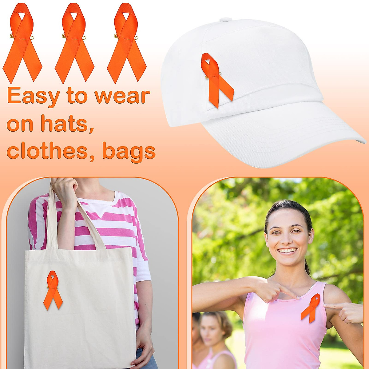 150 Pieces Orange Ribbon Satin Pins Awareness Pins Leukemia Lymphoma Cerebral Cancer Awareness Pins Orange Brooch with Safety Pins for Women Man Charity Public Social Event