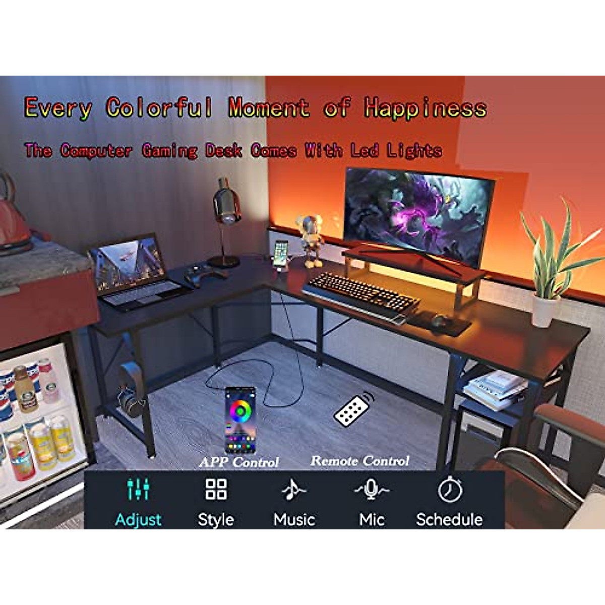 SZXKT L Shaped Computer Desk with Monitor Stand and Power Outlets,Gaming Desk with Storage Shelf and LED Lights,Home Office Reversible Corner with Hooks (Black)