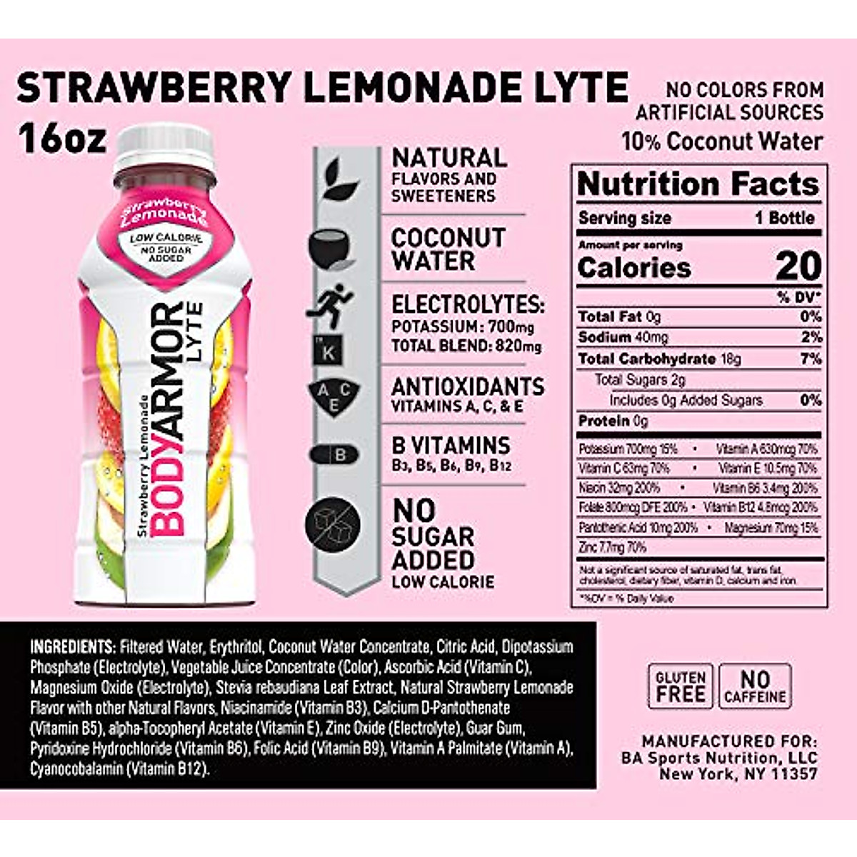 BODYARMOR LYTE Sports Drink Low-Calorie Sports Beverage, Strawberry Lemonade, Natural Flavor With Vitamins, Potassium-Packed Electrolytes, Perfect For Athletes 16 Fl Oz (Pack of 12)