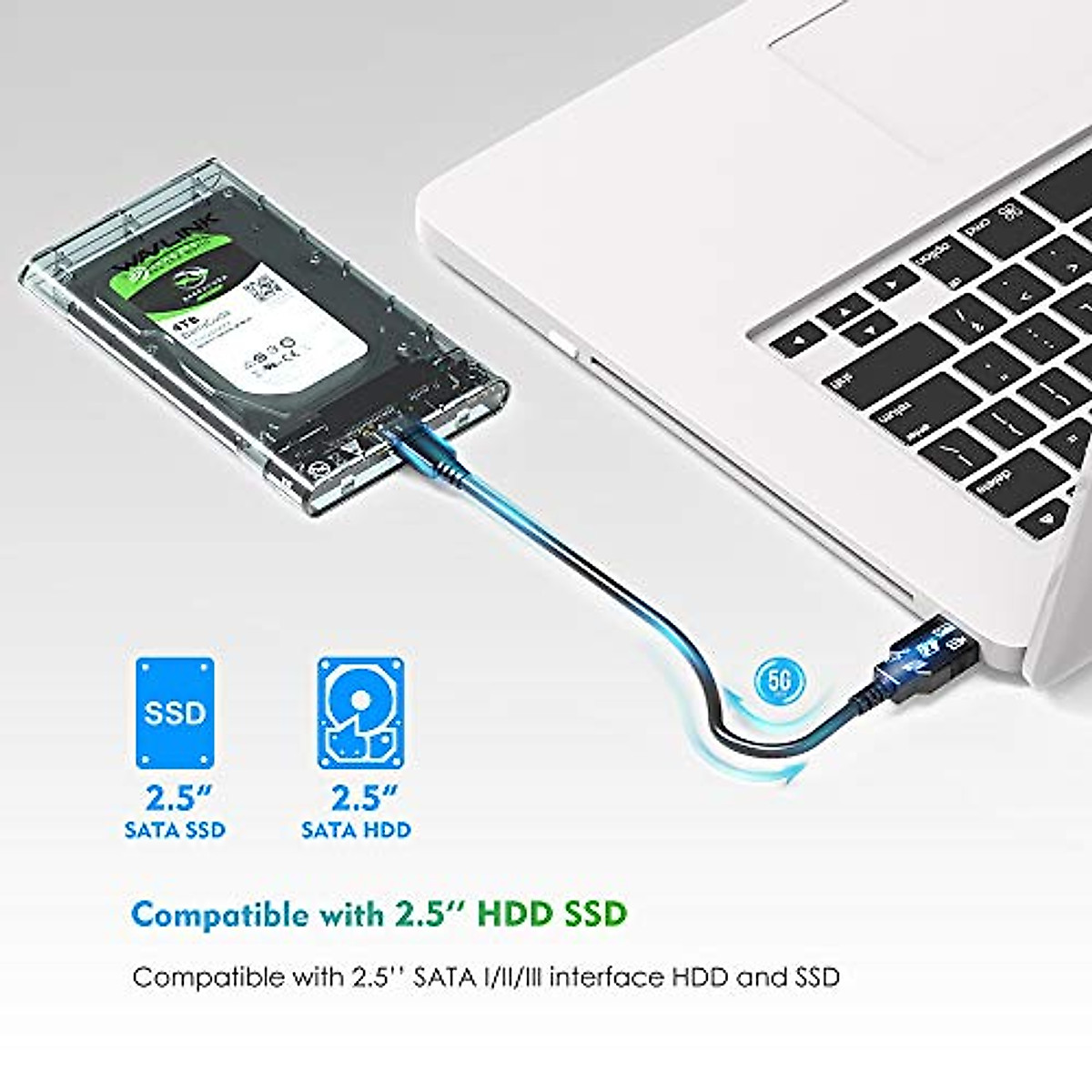 WAVLINK 2.5-Inch SATA to USB 3.0 External Hard Drive Enclosure,Portable Clear Hard Disk Case for 2.5 inch 7mm 9.5mm SATA HDD SSD, Support UASP & 2TB Drives, Tool-Free Design - Clear