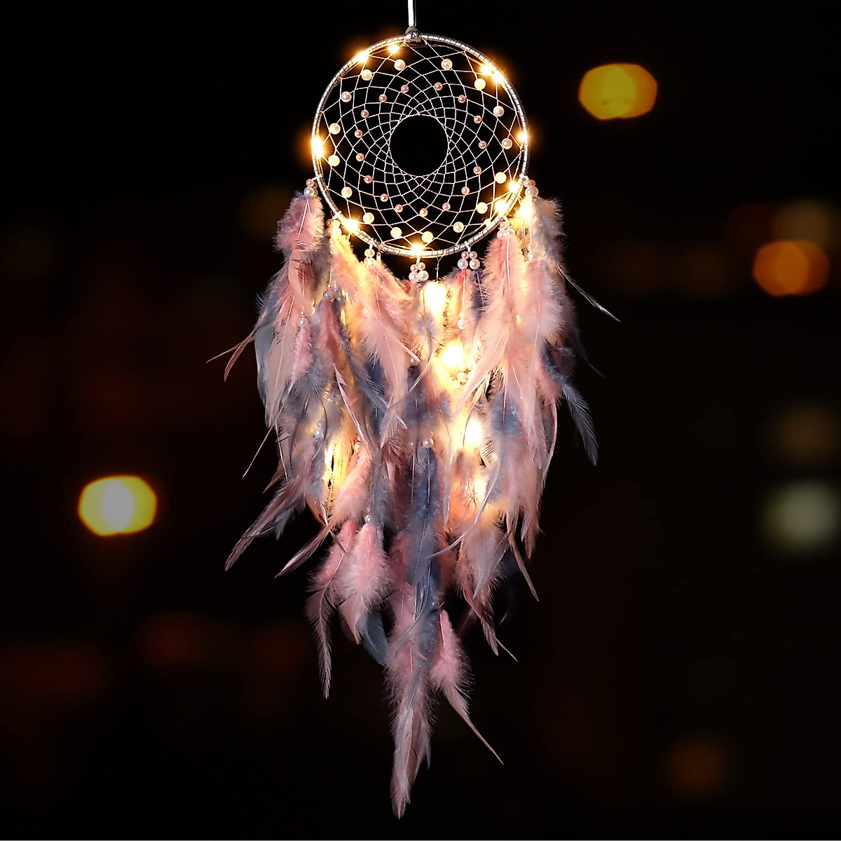KHOYIME LED Dream Catcher Light Up Handmade Feather Dreamcatchers Boho Wall Hanging for Girls Kids Bedroom Bohemian Home Decor Wedding Ornament Craft Gift (Pink&Grey)