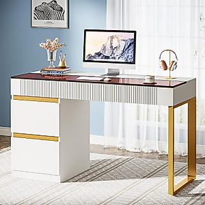Tribesigns Computer Desk with 4 Drawers, 47 Inch Modern Home Office Desk with Glass Top, White and Gold Writing Workstation Desk with Storage, Makeup Vanity Table for Living Room, Bedroom