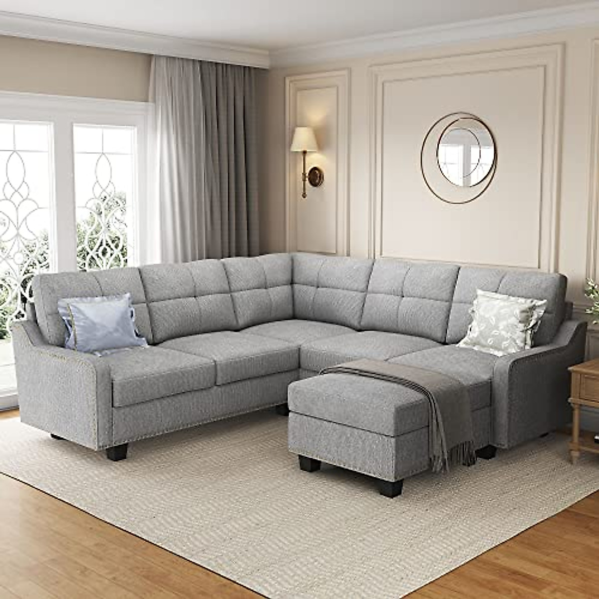 HONBAY Convertible Sectional Sofa, L Shaped Couch with Storage Ottoman, Reversible 4 Seat Corner Sofa for Small Apartment,Light Grey