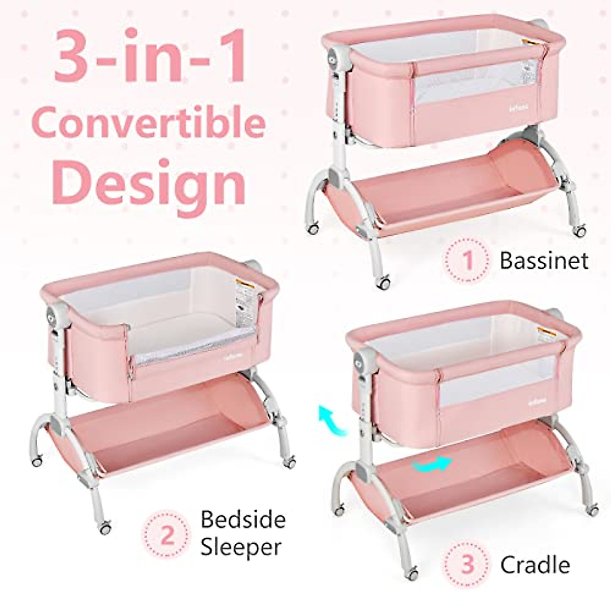 INFANS 3 in 1 Baby Bassinet, Bedside Sleeper, Rocking Cradle, Easy Folding Portable Safer Co-Sleeping Crib with Height Angle Adjustable, Wheels Storage Basket Travel Bag for Infant Newborn (Pink)