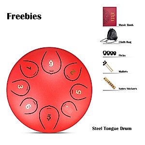 Steel Tongue Drum 6 Inch 8 Note Percussion Instrument Lotus Hand Pan Drum with Drum Mallets Carry Bag used for musical education, gifts mental rehabilitation and yoga meditation (6 Inch 8 Note-Red)