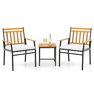 Tangkula 3 Pieces Acacia Wood Bistro Set, Patio Conversation Set with Cushions and Coffee Table, Outdoor Bistro Table and Chairs Set for Porch, Balcony, Garden and Backyard (Off White)