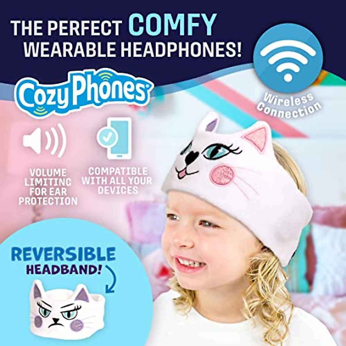 CozyPhones Over The Ear Bluetooth Headband Headphones - Kids Wireless Headphones Volume Limited with Thin Speakers & Super Soft Fleece Headband - Happy and Sad Cat