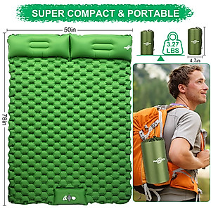 WANNTS Double Sleeping Pad, Ultralight Inflatable Sleeping Pad for Camping, Built-in Pillow, Ultimate for Camping, Hiking - Airpad, Carry Bag, Repair Kit - Compact & Lightweight Camping Pad(Green)