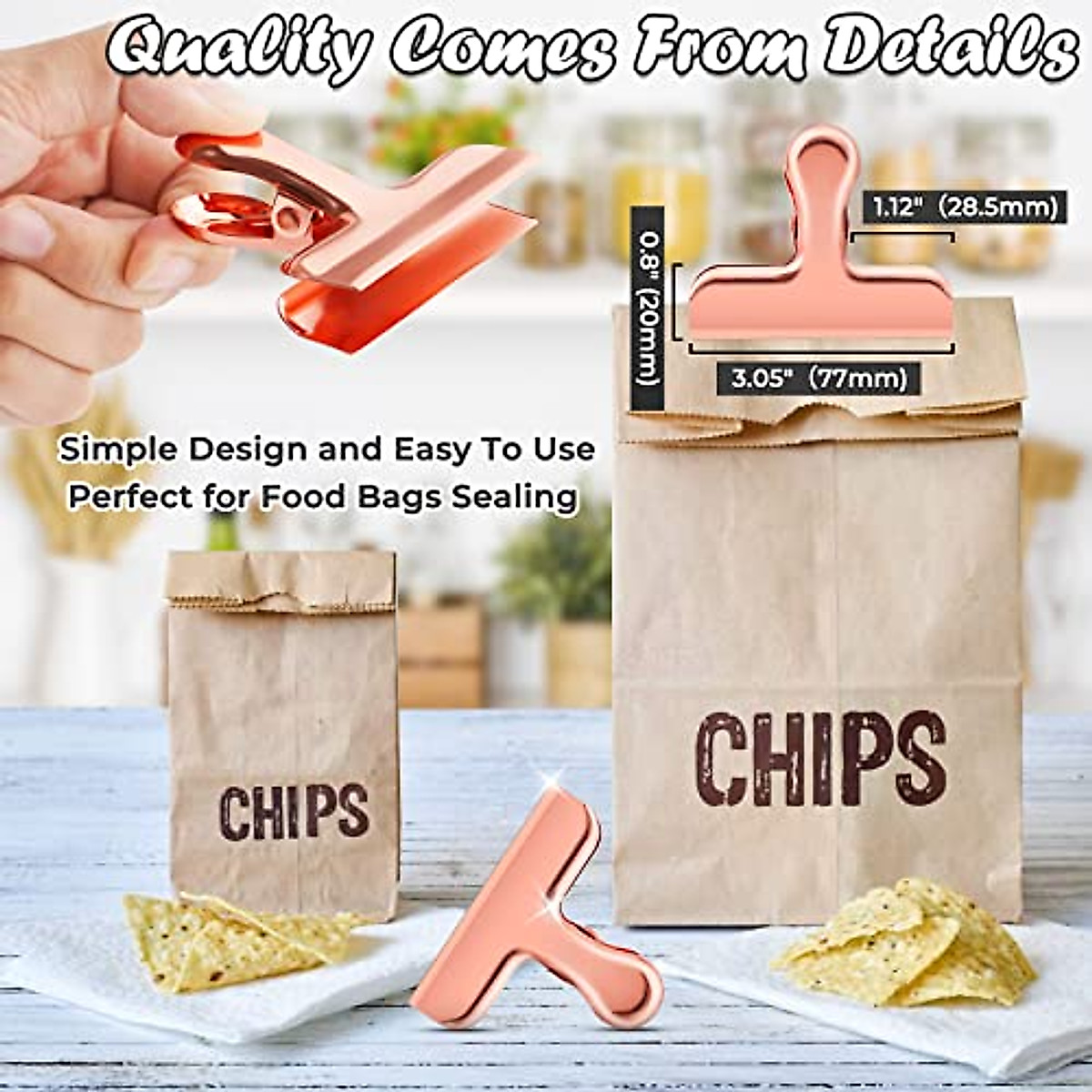 6 Pack Rose Gold Bag Clips for Food, Chip Clips Bag Clips Food Clips, Heavy Duty Snack Clips, Clips for Food Packages, Air Tight Seal for Home Office Kitchen