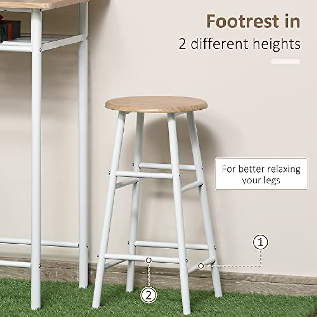 HOMCOM 3 Piece Counter Height Bar Table and Chairs Set, Space Saving Dining Table with 2 Matching Stools, Storage Shelf Metal Frame Footrest, White, Oak