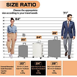 AnyZip Luggage Aluminium Frame Suitcase PC ABS Hard Shell TSA Lock No Zipper 24In White