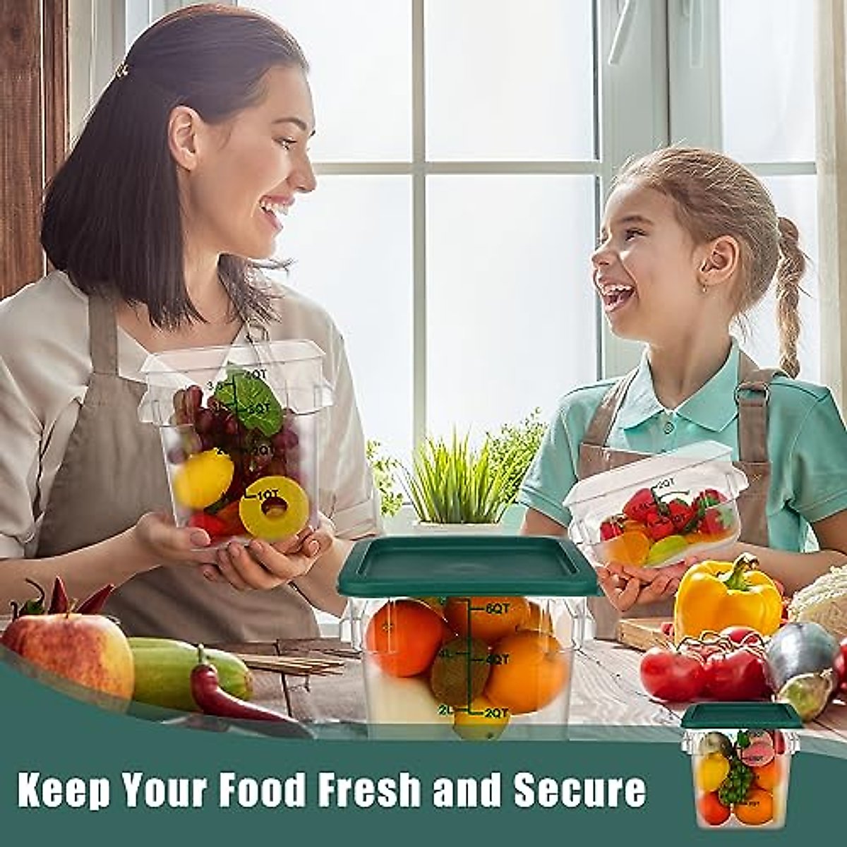 Kigley 4 Pcs Food Storage Containers with Lids Set 2 Qt 4 Qt 6 Qt 7.5 Qt Clear Square Commercial Food Storage Container with Scale Handle for Home Restaurant Kitchen Food Prep(Green)