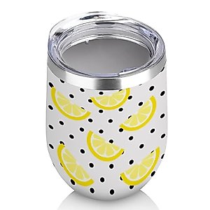 silichee 20 Oz Stainless Steel Wine Tumbler with Lid Lemon Slices on Dot Background Insulated Tumblers Vacuum Coffee Mugs for Hot and Cold Drinks,Coffee,Wine