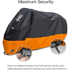 XYZCTEM Motorcycle Cover – All Season Waterproof Outdoor Protection – Fit up to 116 inch Tour Bikes, Choppers and Cruisers – Protect Against Dust, Debris, Rain and Weather(XXXL,Black& Orange)