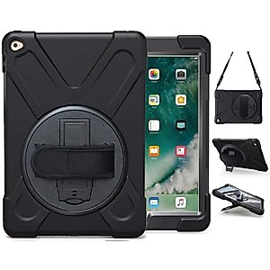 TSQ iPad Air 2 Case for Kids A1566 A1567 2014 with Rotating Stand Hand Strap | Military Grade Heavy Duty Rugged Shockproof Protective Cover Case for iPad Air 2nd Generation 9.7 Inch, Black