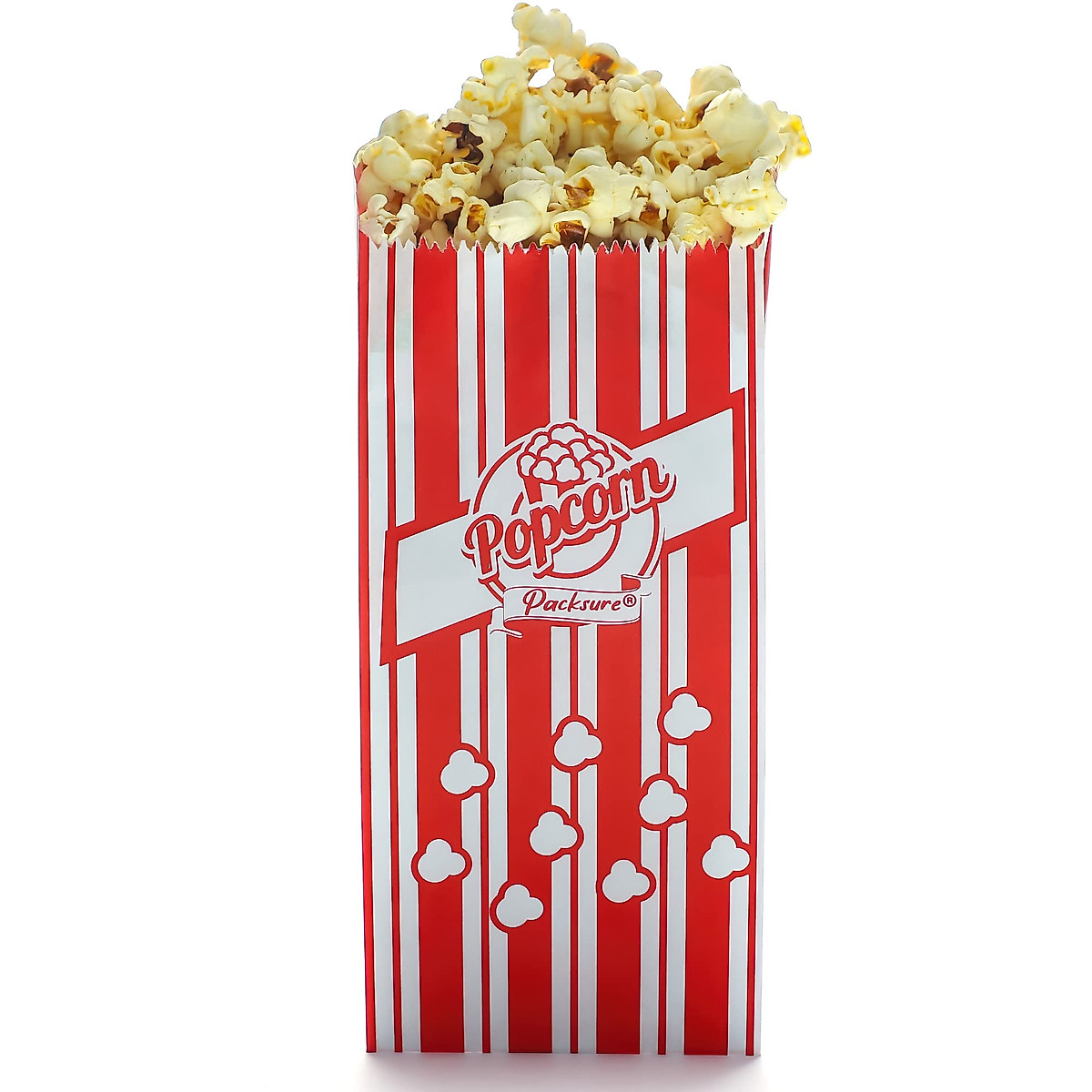Packsure Popcorn Bags 100pcs, Red & White - 1 oz Thick & Premium 45 GSM Greaseproof Paper with Ziplock Packaging - Perfect Popcorn Bags for Party for Movie Theater & Carnivals (3.5 x 2 x 8 inches)