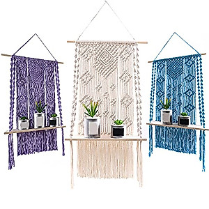 Goodliest Handmade Woven Macrame Wall Hanging Shelf, Boho Wall Decor Floating Shelves, Rope Plant Pot Basket Hanger Holder for Bedroom Kitchen Blue