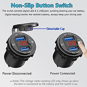 [Upgraded Version] Quick Charge 3.0 Dual 12V USB Car Charger, Aluminum Socket with Red Digital Voltmeter, Waterproof Car Outlet with Power Switch Button, for Marine Boat Motorcycle Truck Golf Cart etc