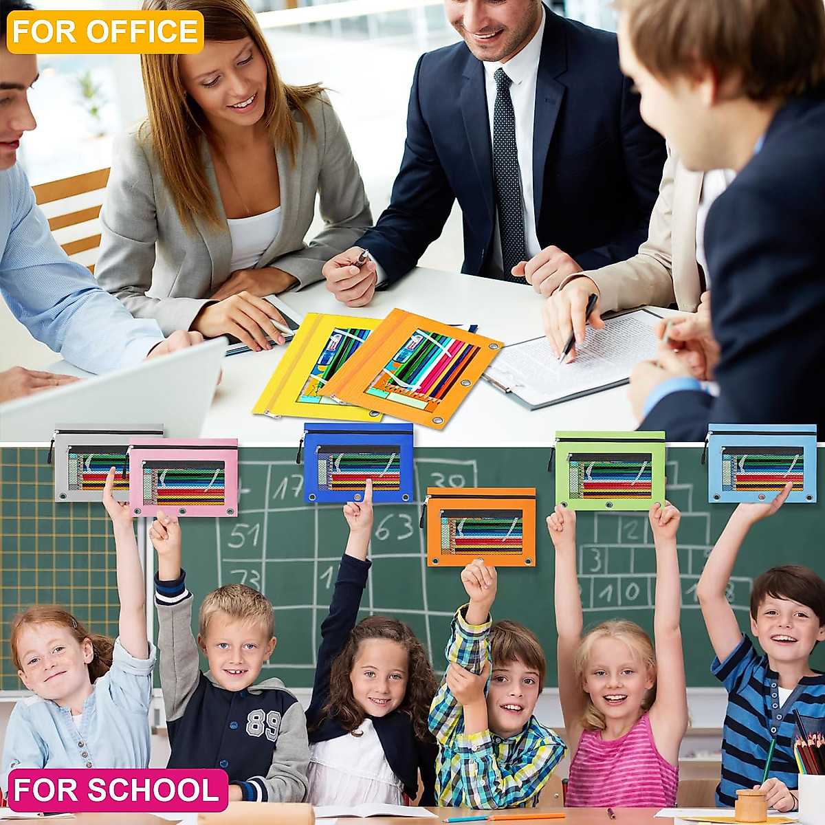 Pencil Pouch for 3 Ring Binder, 10 Pack Zipper Pouches with Clear Window, Oxford Pencil Holder Stationery Organziers Case Bag for School Classroom Supplies