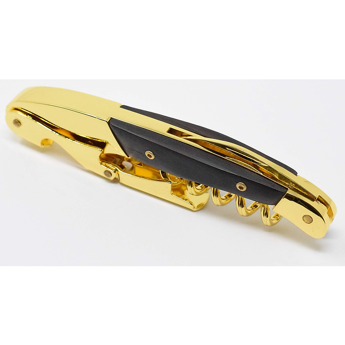 Gold and Black Corkscrew Wood Handle Double Hinge Waiters Wine Bottle Opener