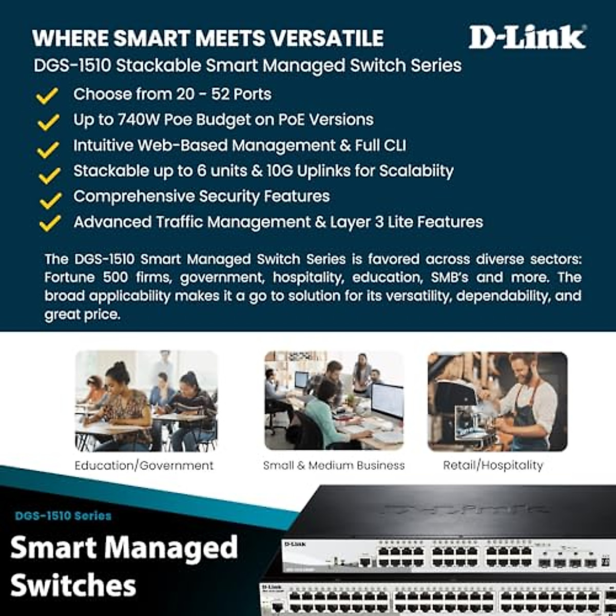 D-Link 20-Port Gigabit Stackable Smart Managed Switch 10G Uplinks | 16 Gigabit + 2 10GbE SFP+ and 2 SFP Ports| L2+/L3 Lite |VLANs |Web Managed |Surveillance Mode| NDAA Compliant (DGS-1510-20)