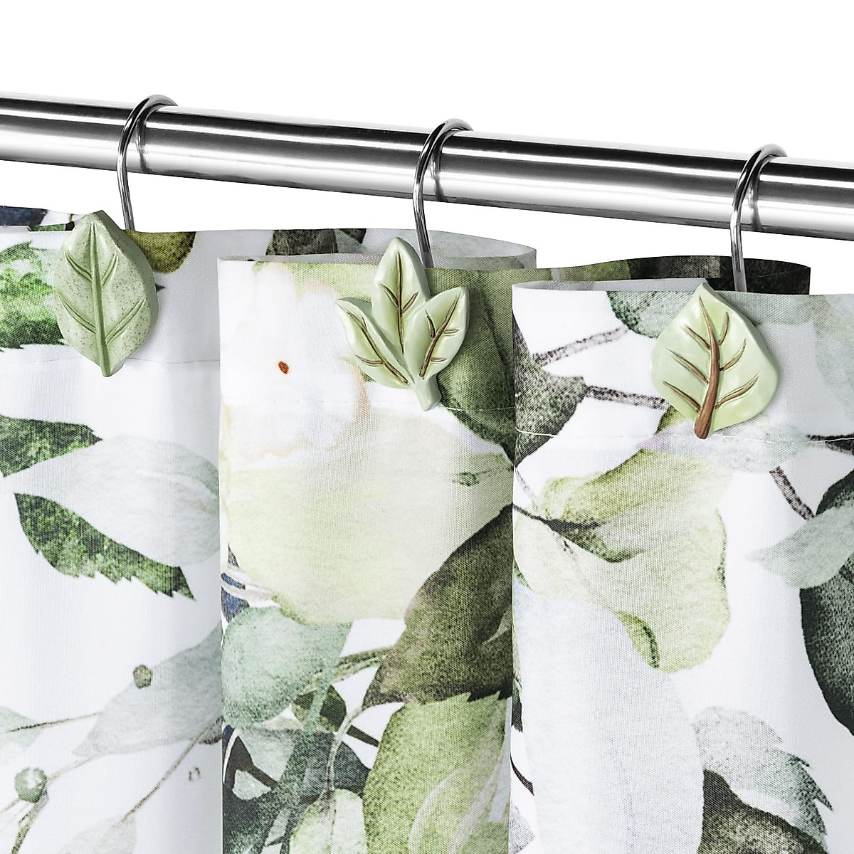 Gibelle 12PCS Leaves Shower Curtain Hooks, Green Plant Leaf Decorative Shower Curtain Hooks Metal Rustproof Cute Eucalyptus Shower Curtain Rings Bathroom Decoration Accessories