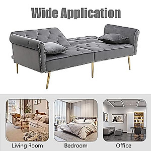 civama Futon Sofa Bed, Velvet 76" Twin Size Couch with 2 Pillows, Convertible 3-Seater 3 Adjustable Angle Tufted Sleeper with Nailhead Trim, Golden Metal Legs Folding Futon for Living Space, Gray