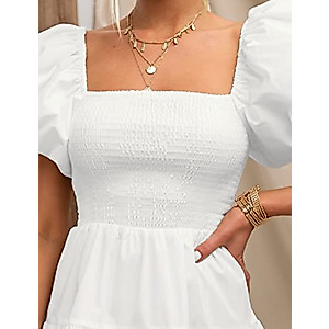 ZESICA Women's 2023 Boho Summer Square Neck Puff Sleeve Off Shoulder Smocked Tiered Casual A Line Short Mini Dress,White,Medium