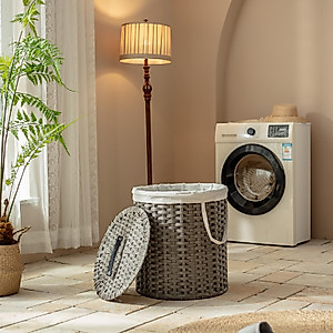 KUREEISE Laundry Basket with Lid, Handwoven Rattan Laundry Hamper, No Install Needed, 26.5 Gal (100L) Round Clothes Hamper with Removable Bag & Handles, Foldable Storage Basket