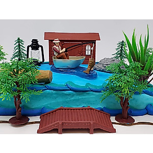 Gone Fishing Fisherman Themed Birthday Cake Topper Set Featuring Camping Angler in Boat with Decorative Themed Accessories