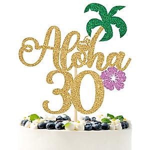 Gold Glitter Aloha 30 Cake Topper, Hello 30/Cheers to 30 Years/Happy 30th Birthday/Anniversay, Tropical Hawaiian Themed 30th Anniversary/Birthday Party Decorations