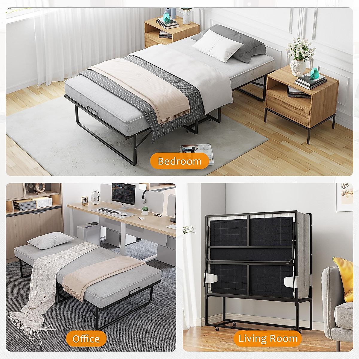 SKKTKT Folding Bed with Mattress, 75" x 39" Twin Size Bed Frame, Portable Foldable Roll Away Adult Bed for Guest, Platform Bed with Fold-up Metal Frame for Bedroom, Living Room, Dorm